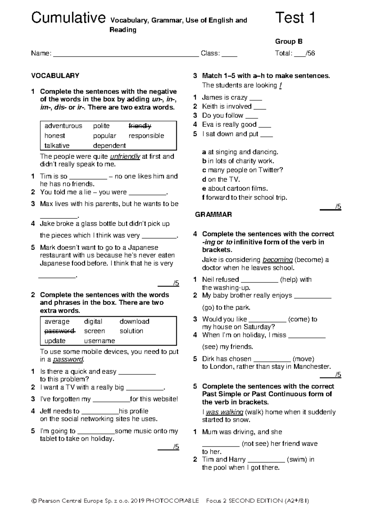 Focus 2 2ed Cumulative Test 1 Units 1-2 Group B - Cumulative Vocabulary ...