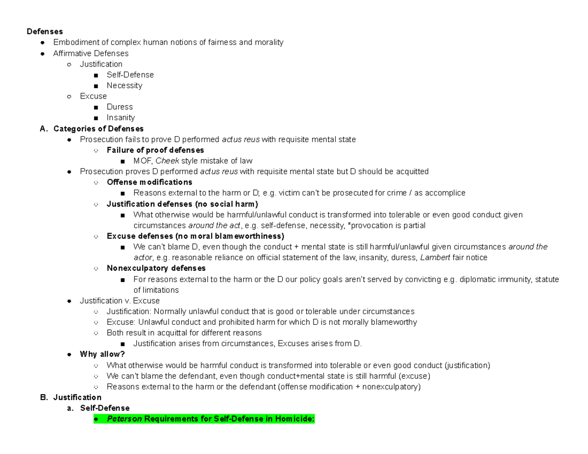 Defenses - outline and notes of defense in criminal law - Defenses ...