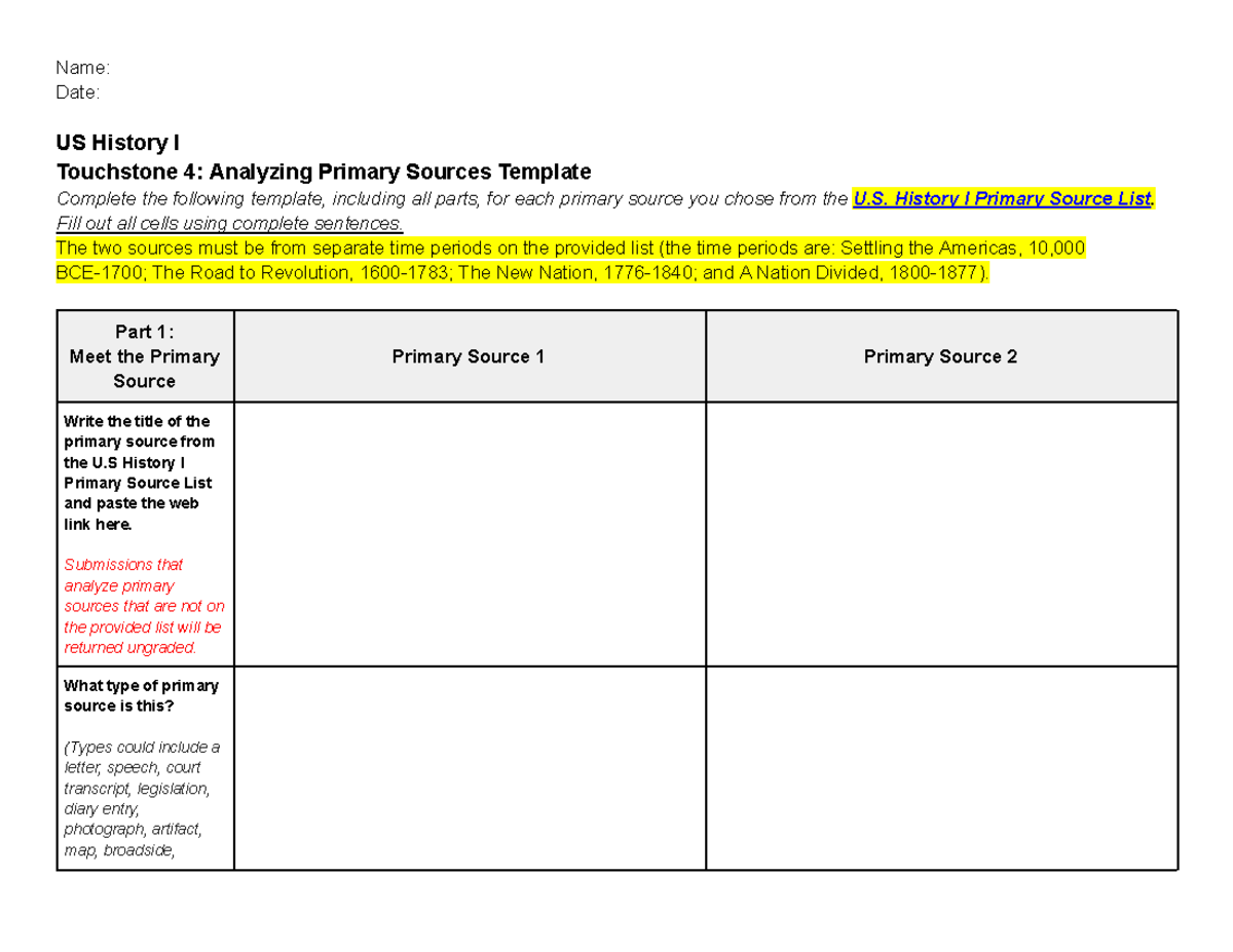 US History I Touchstone 4 Template - Name: Date: US History I ...