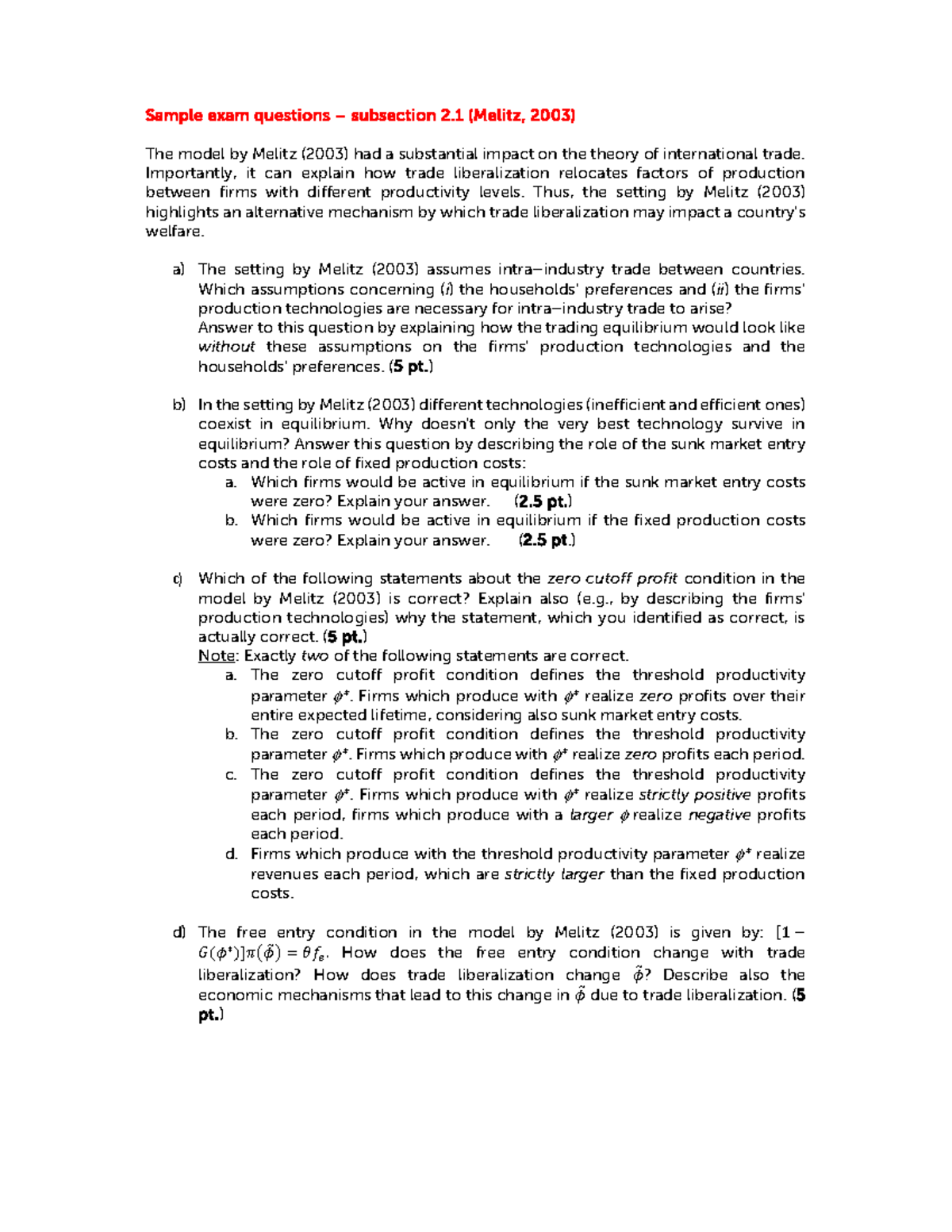 Sample exam questions – lecture slides 1 (Melitz, 2003 ) - Sample exam questions subsection 2 ...
