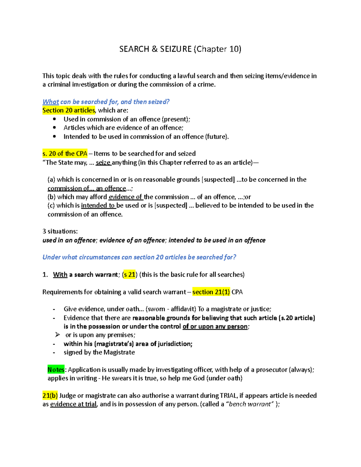 Search and siezure - notes - SEARCH & SEIZURE (Chapter 10) This topic ...