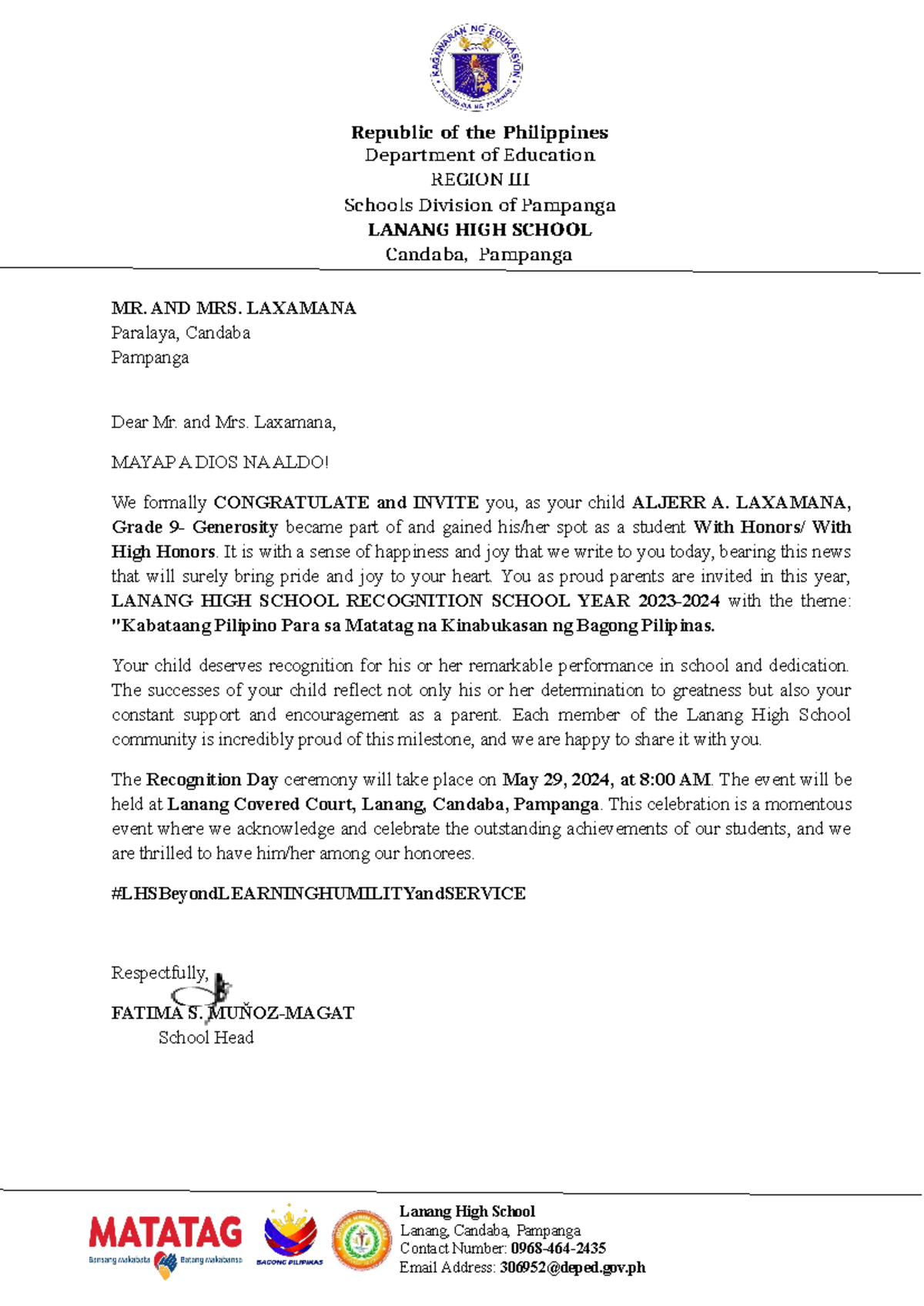 Letter FOR Honor Students - Republic of the Philippines Department of ...