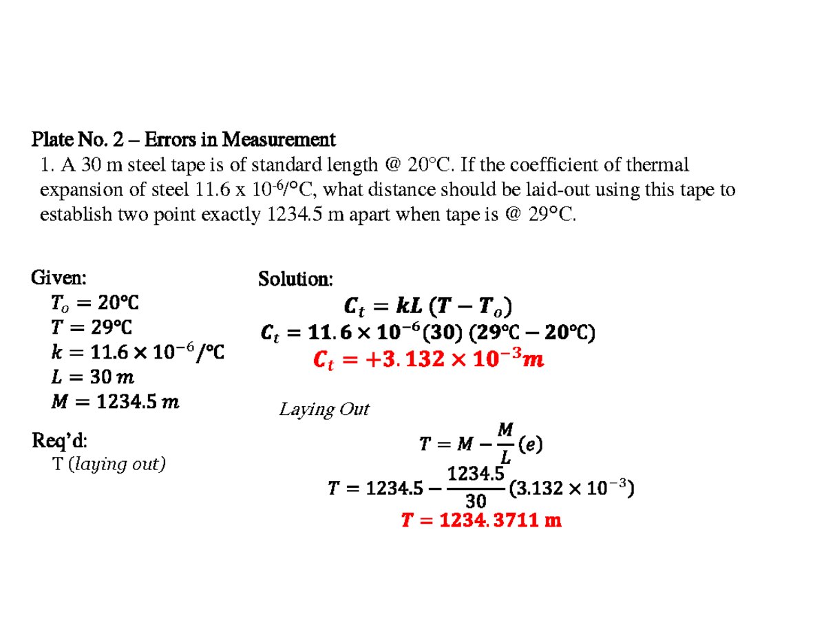 Plate No. 2 Errors in Measurement Solutions - 1. A 30 m steel tape is ...