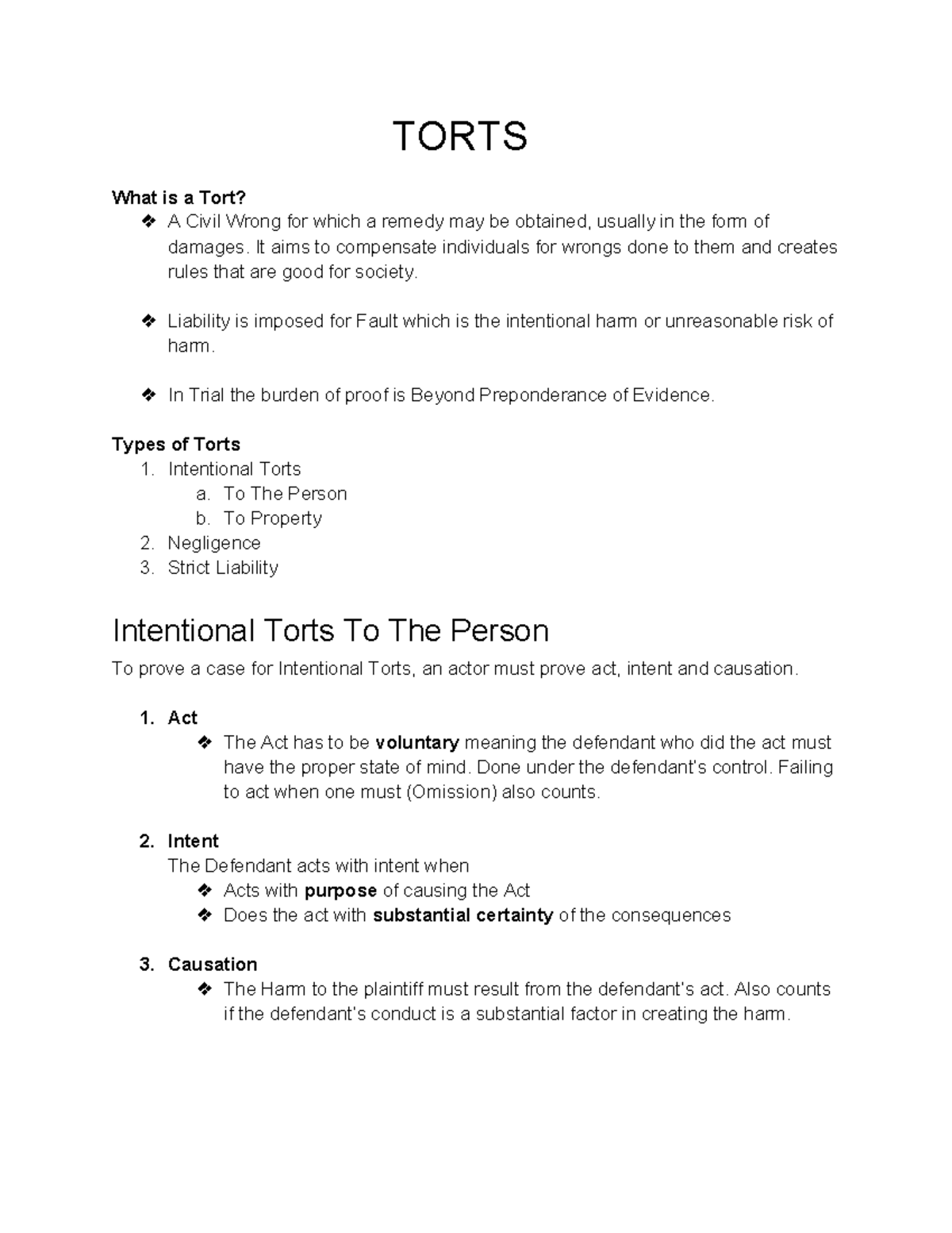 Torts Outline - TORTS What is a Tort? A Civil Wrong for which a remedy ...