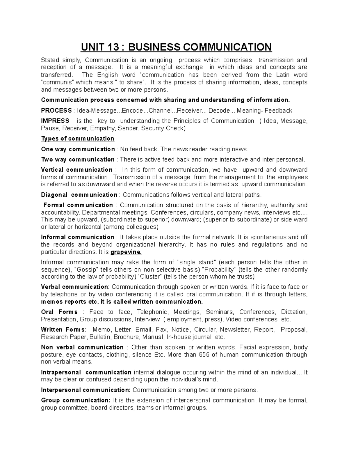 UNIT 13 - UNIT 13 : BUSINESS COMMUNICATION Stated simply, Communication is an ongoing process ...