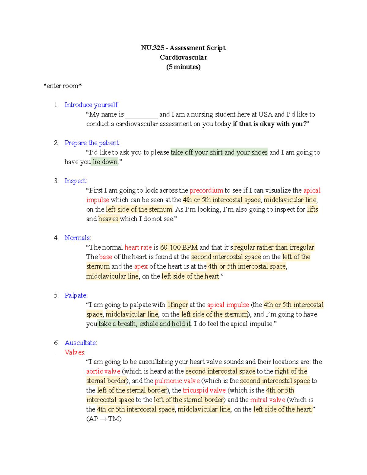 Cardiovascular Assessment Script - NU - Assessment Script ...