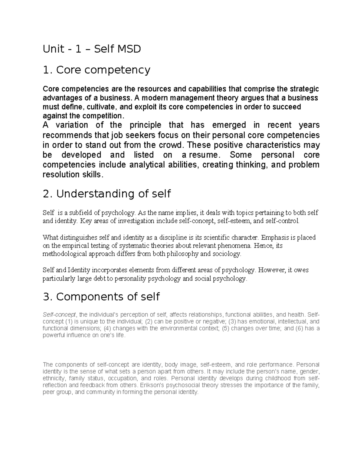 1 UNIT MSD LINK - Unit - 1 – Self MSD 1. Core competency Core competencies are the resources and ...