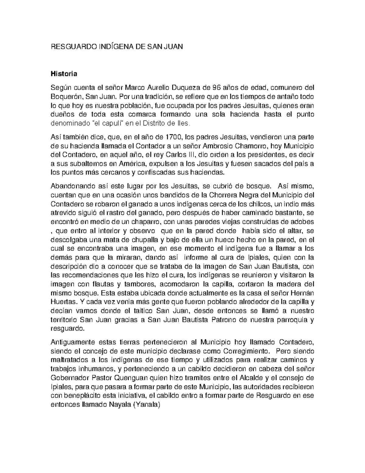 Historia DEL Resguardo Indígena DE SAN JUAN - RESGUARDO INDÍGENA DE SAN ...