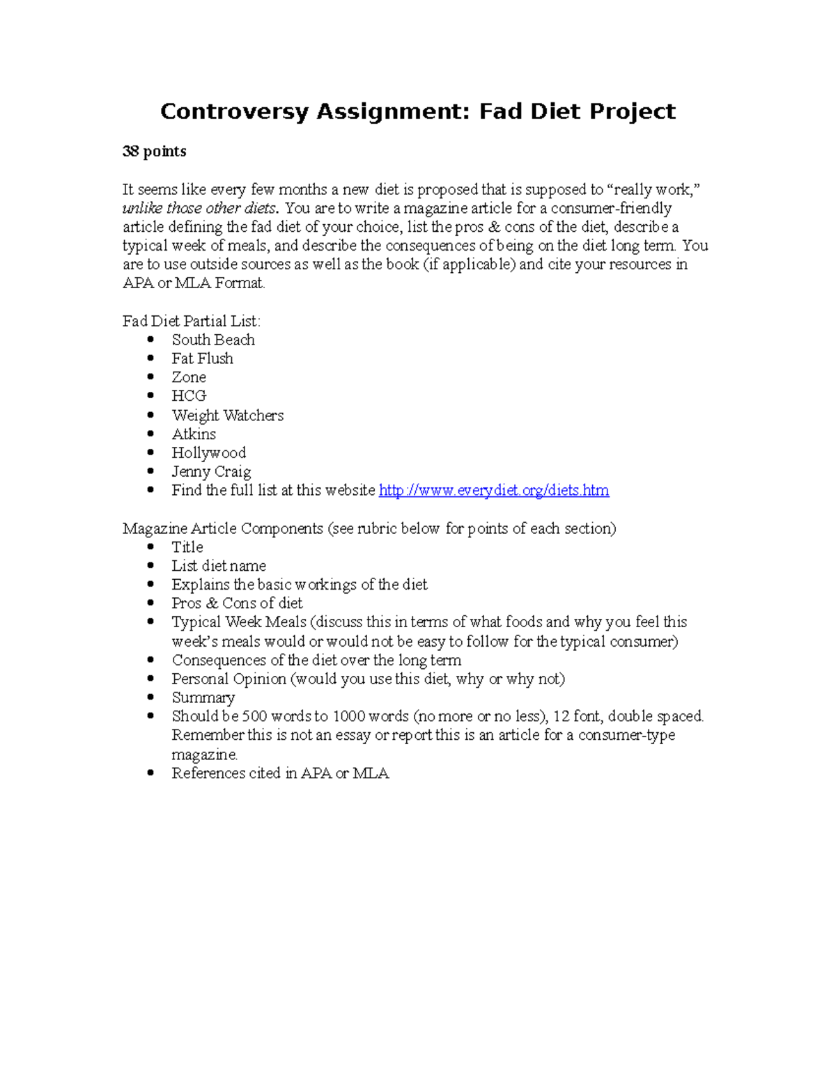 Controversy Assignment: Fad Diet Project - Studocu