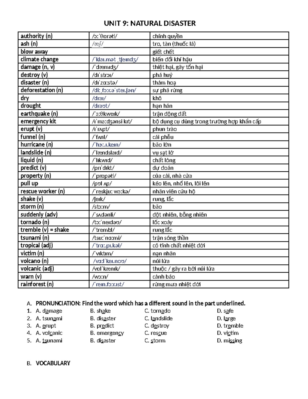 UNIT 9 Natural Disasters - UNIT 9: NATURAL DISASTER authority (n ...