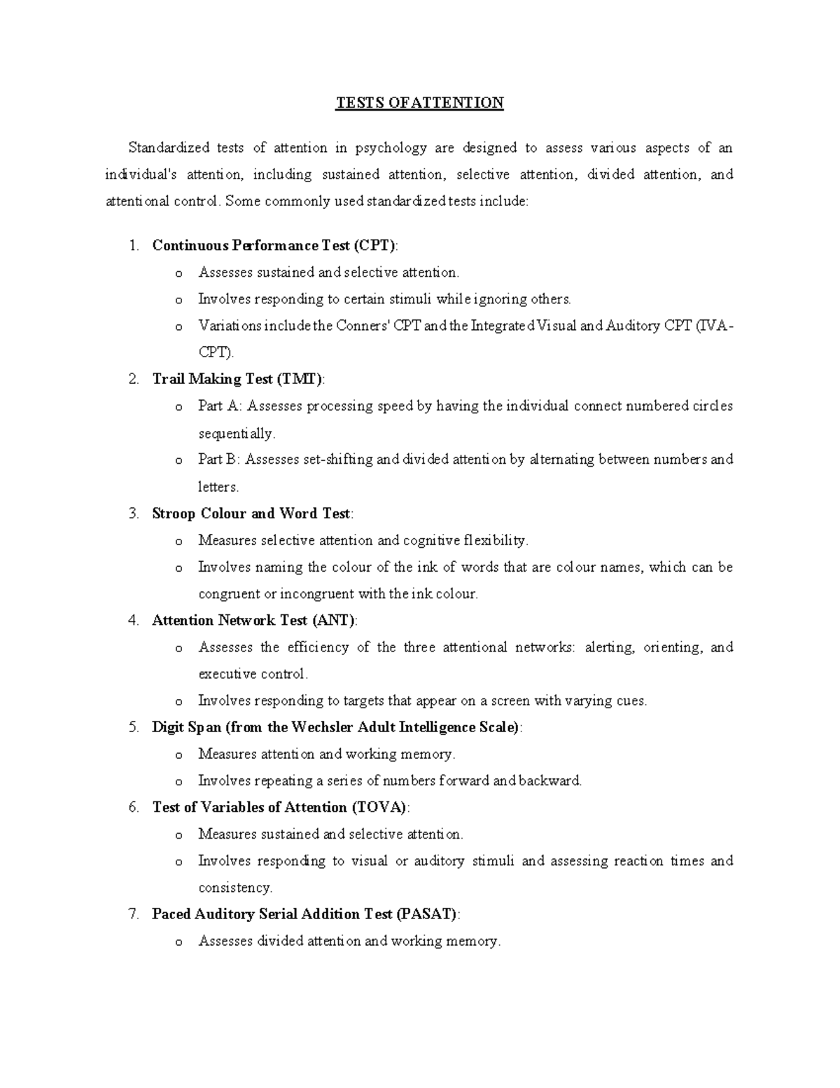 Attention Perception Memory Tests Tests Of Attention Standardized Tests Of Attention In