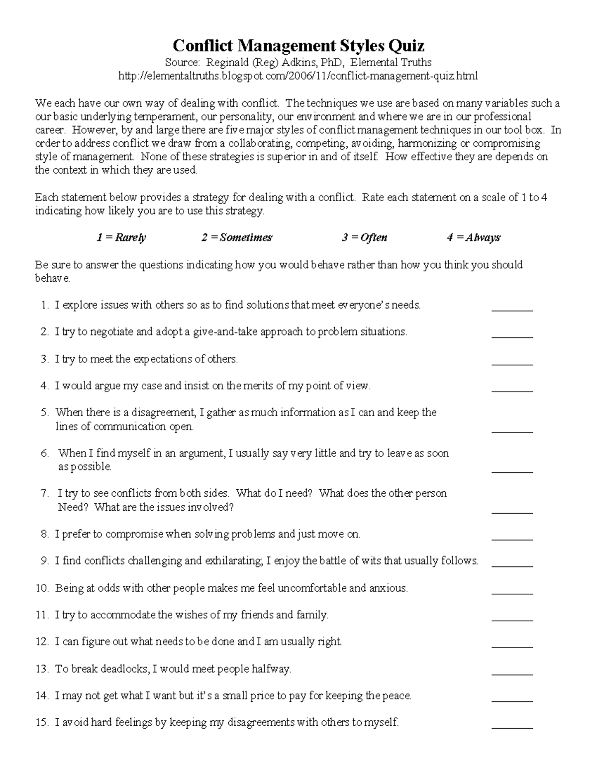 Conflict management styles quiz - Conflict Management Styles Quiz ...
