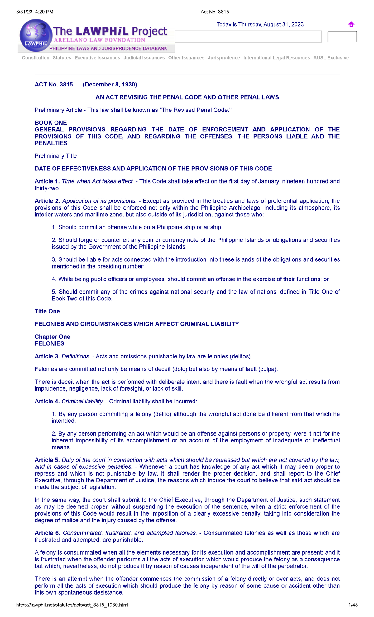Act No. 3815 - Revised Penal CODE - Constitution Statutes Executive ...