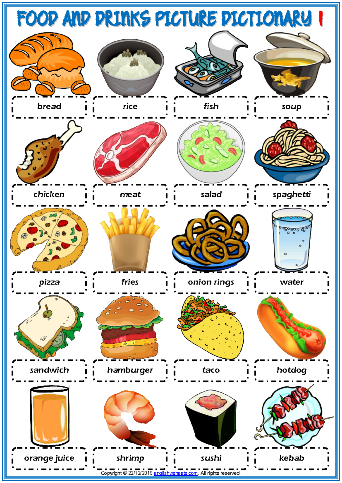 Food and drinks vocabulary esl picture dictionary worksheets for kids ...