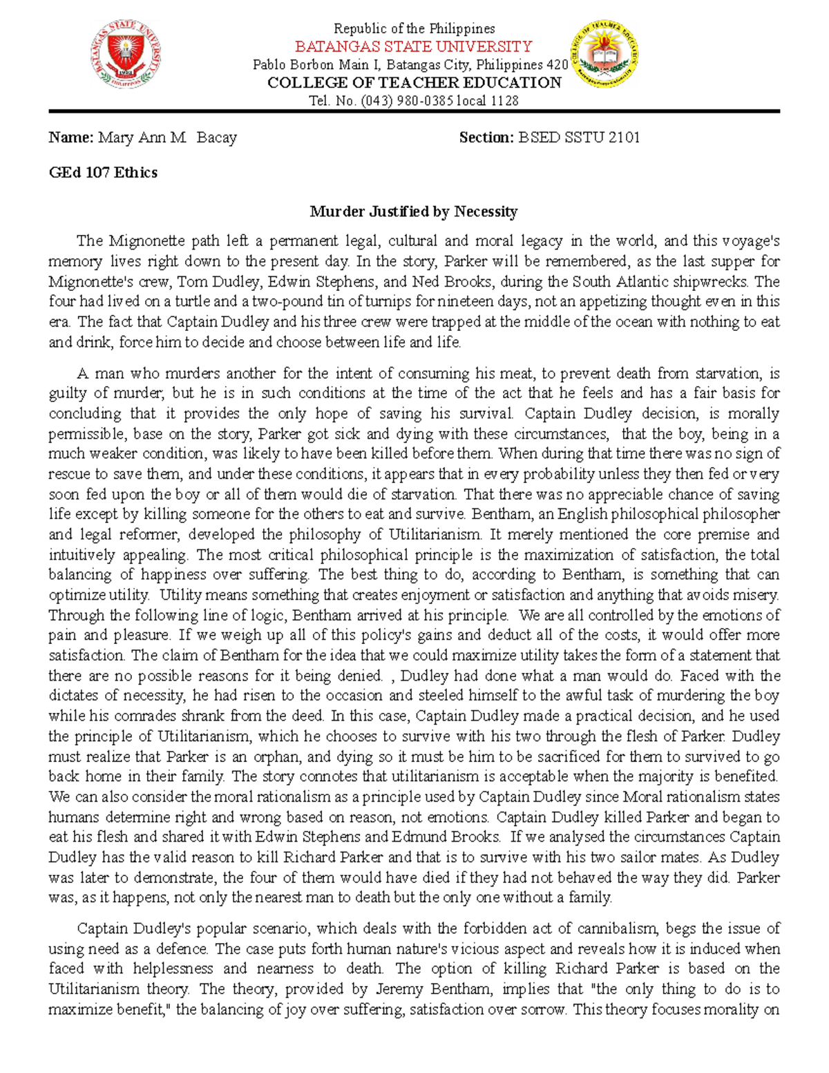 Position Paper - Morality - Republic of the Philippines BATANGAS STATE ...