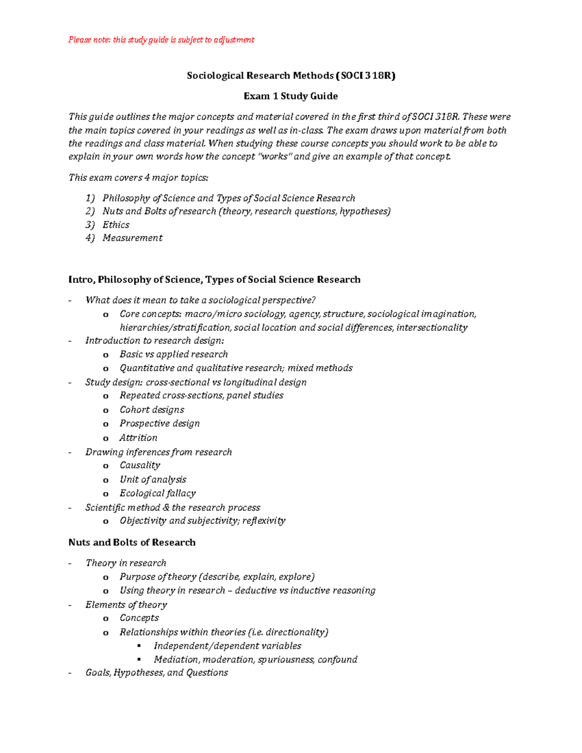 SOCI 318R Exam 1 Study guide - Please note: this study guide is subject ...