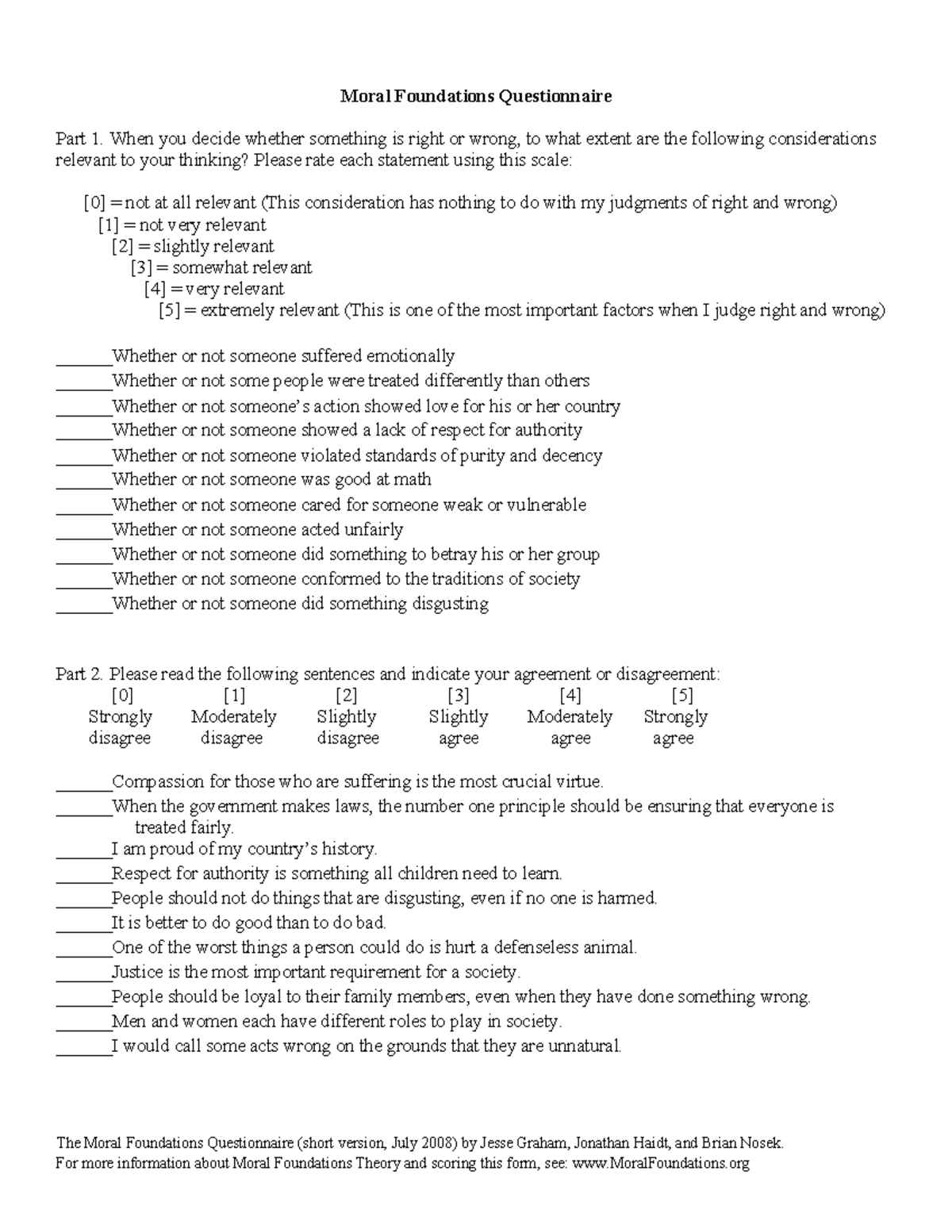 MFQ20 - Moral Foundations Questionnaire Part 1. When you decide whether ...