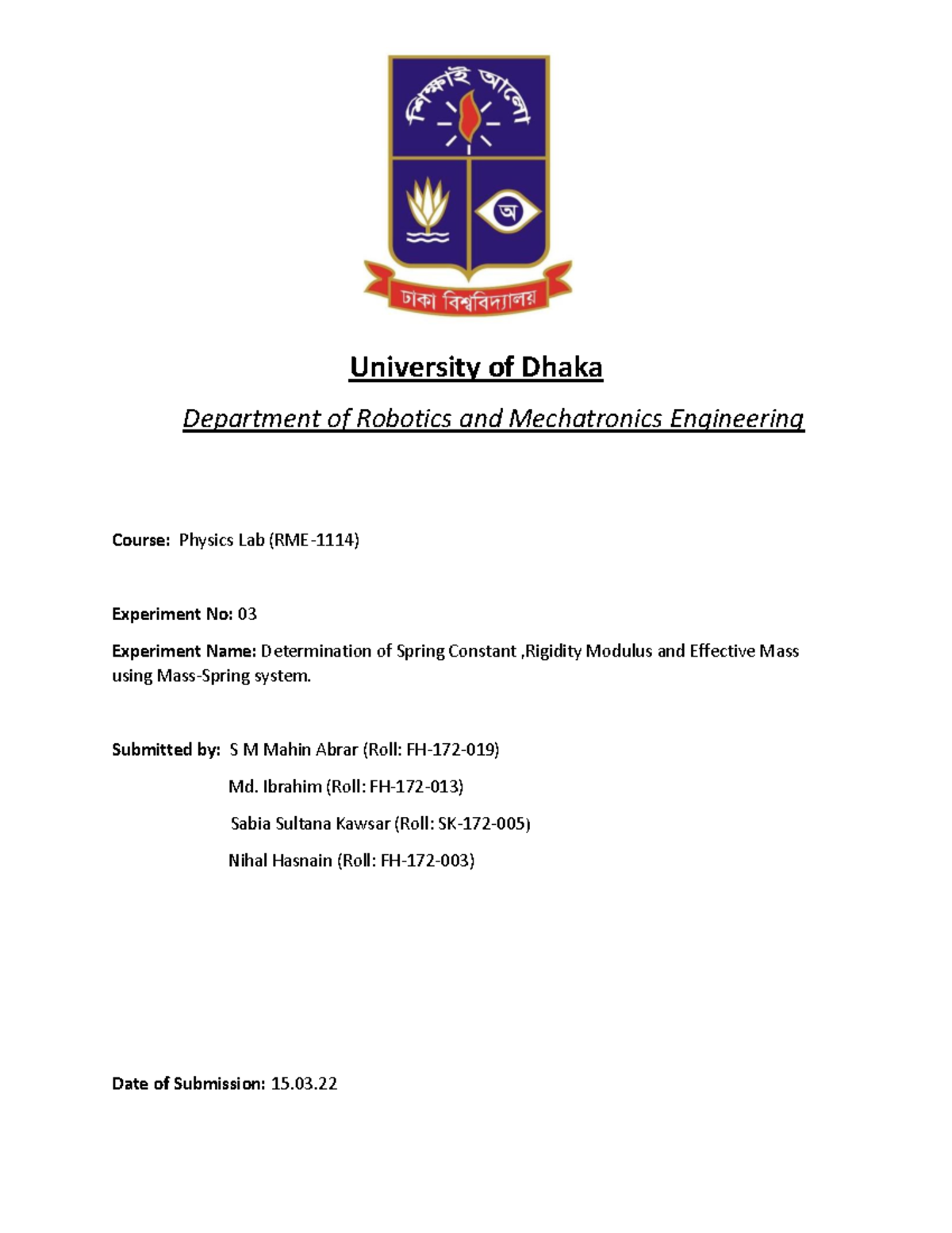 Physics Lab Report-03 - University of Dhaka Department of Robotics and ...