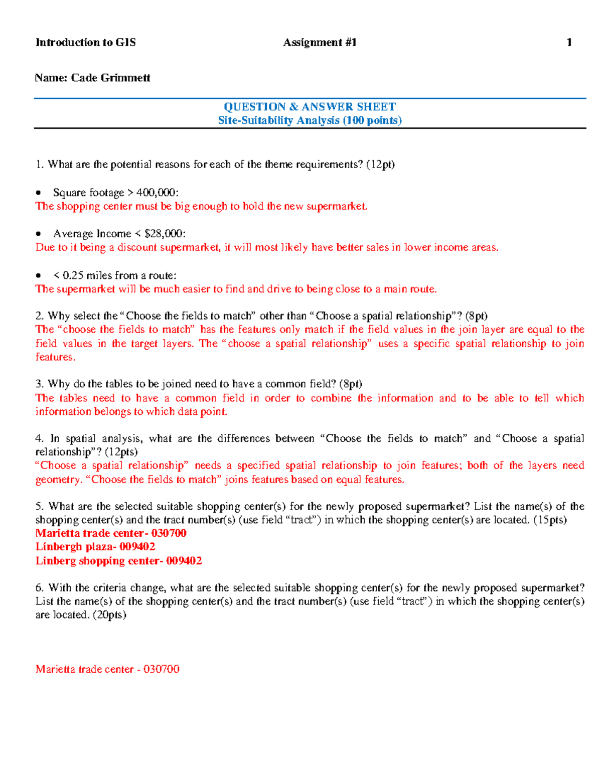Assignment 1 Answer Sheet-1 - Introduction to GIS Assignment #1 1 Name: Cade Grimmett QUESTION ...