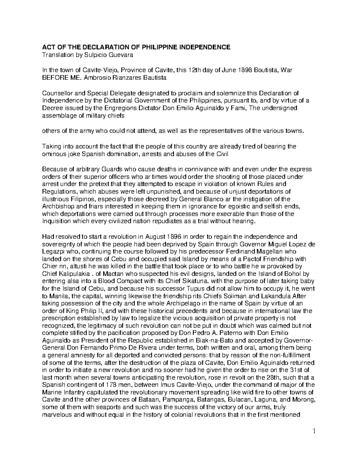 Declaration of Independence - ACT OF THE DECLARATION OF PHILIPPINE ...