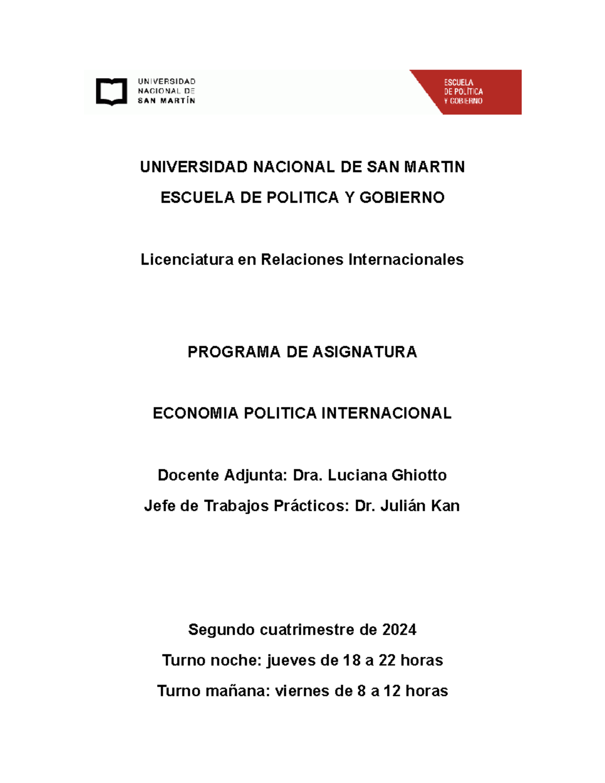 Programa Economia Politica Internacional 2024 - UNIVERSIDAD NACIONAL DE ...