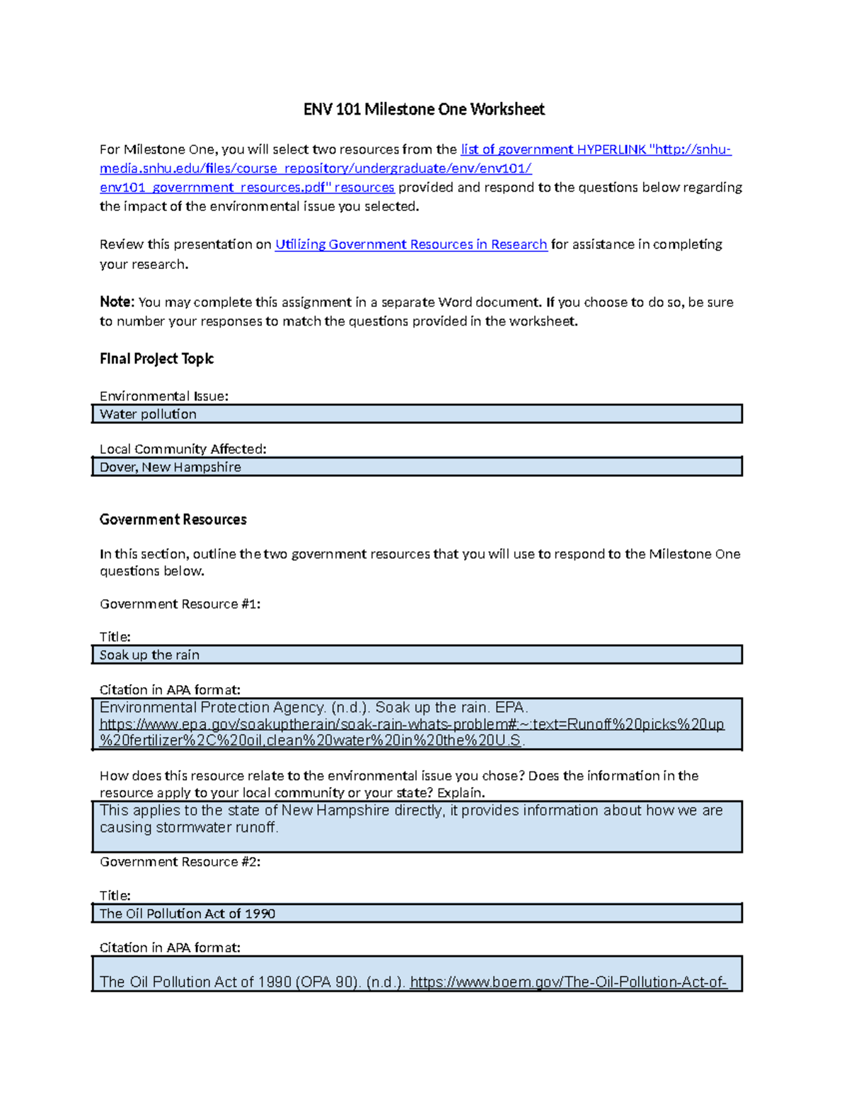 ENV 101 Milestone One Worksheet - ENV 101 Milestone One Worksheet For ...