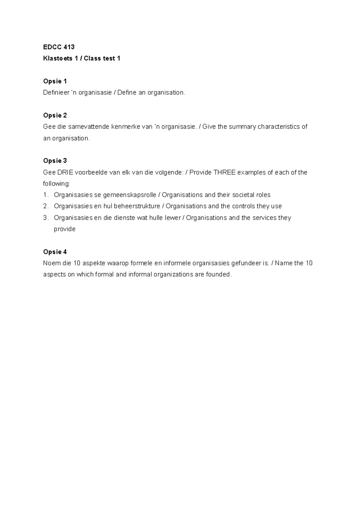 EDCC 413 Klastoets Class test 1 - EDCC 413 Klastoets 1 / Class test 1 ...