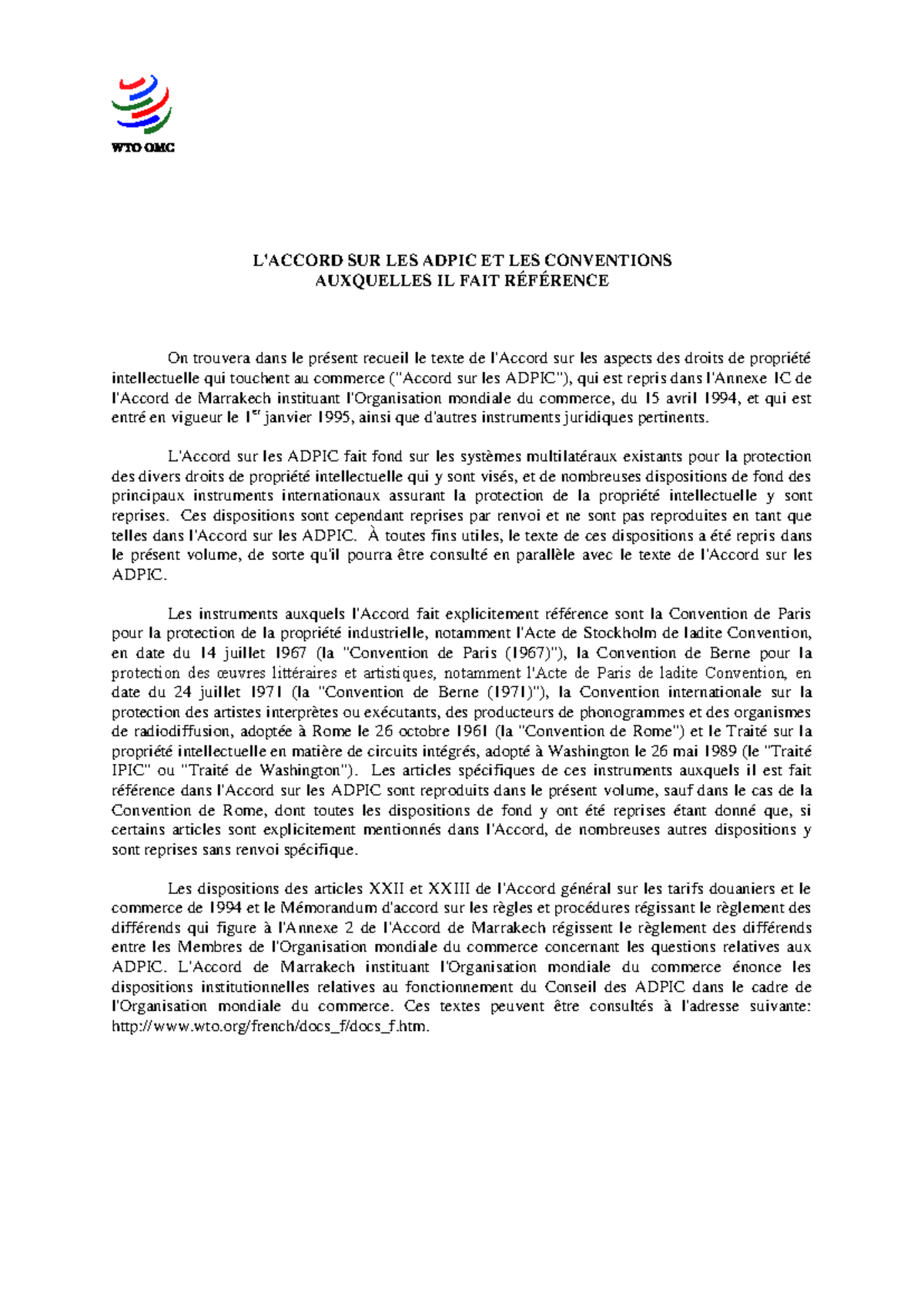 Adpic - L'ACCORD SUR LES ADPIC ET LES CONVENTIONS AUXQUELLES IL FAIT ...