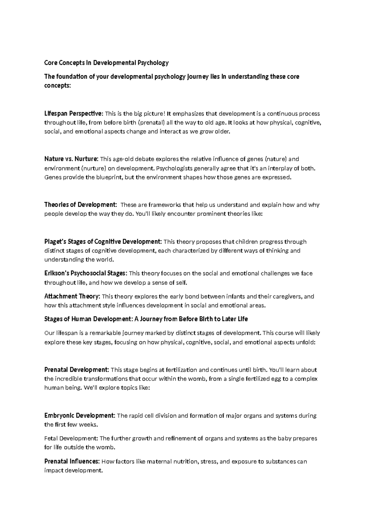 PSY2000 7 Developmental Psychology Course Summary 1 - Core Concepts in ...