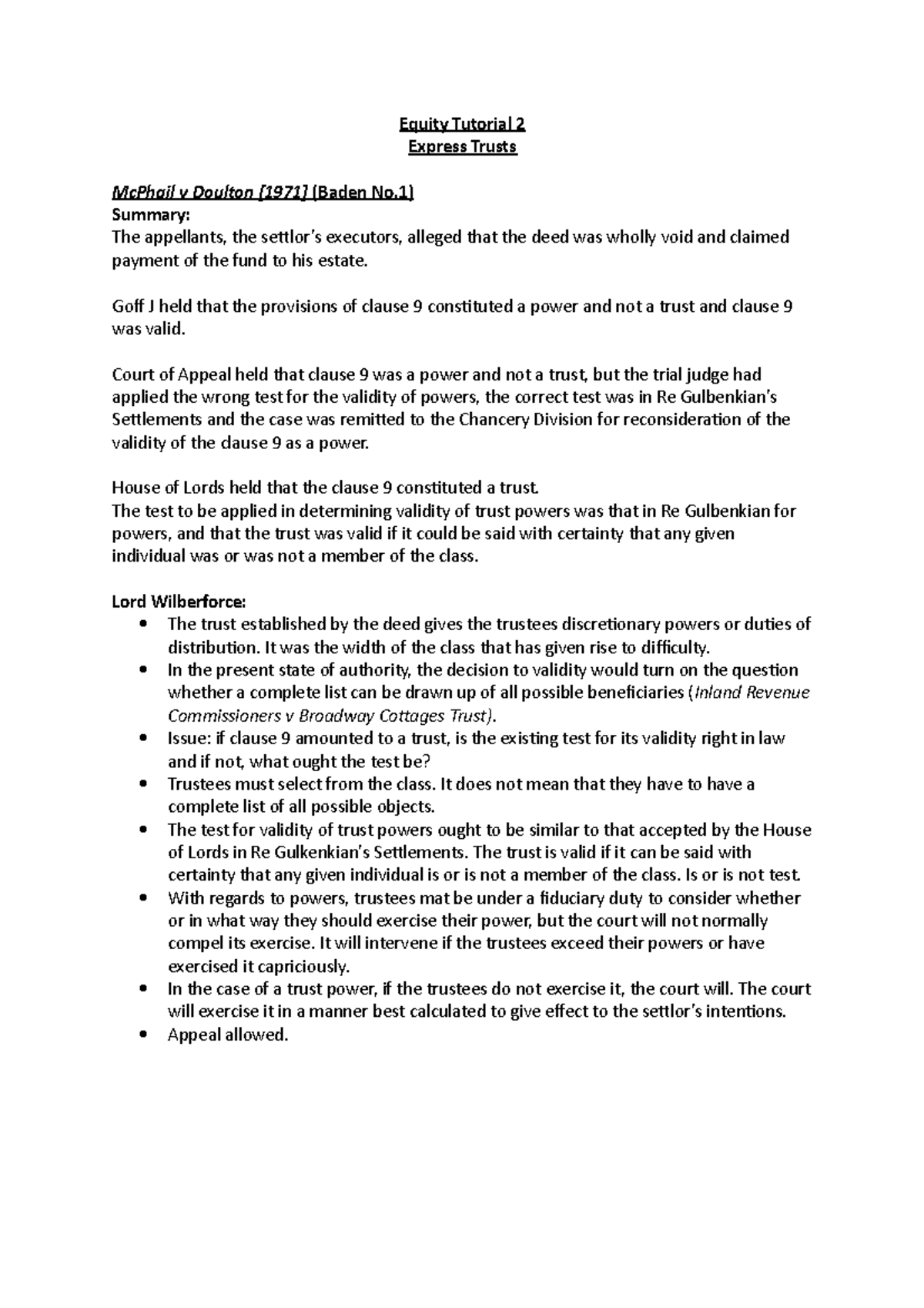 Equity Tutorial 2 Express Trusts McPhail v Doulton (Baden No.1) Summary - Studocu