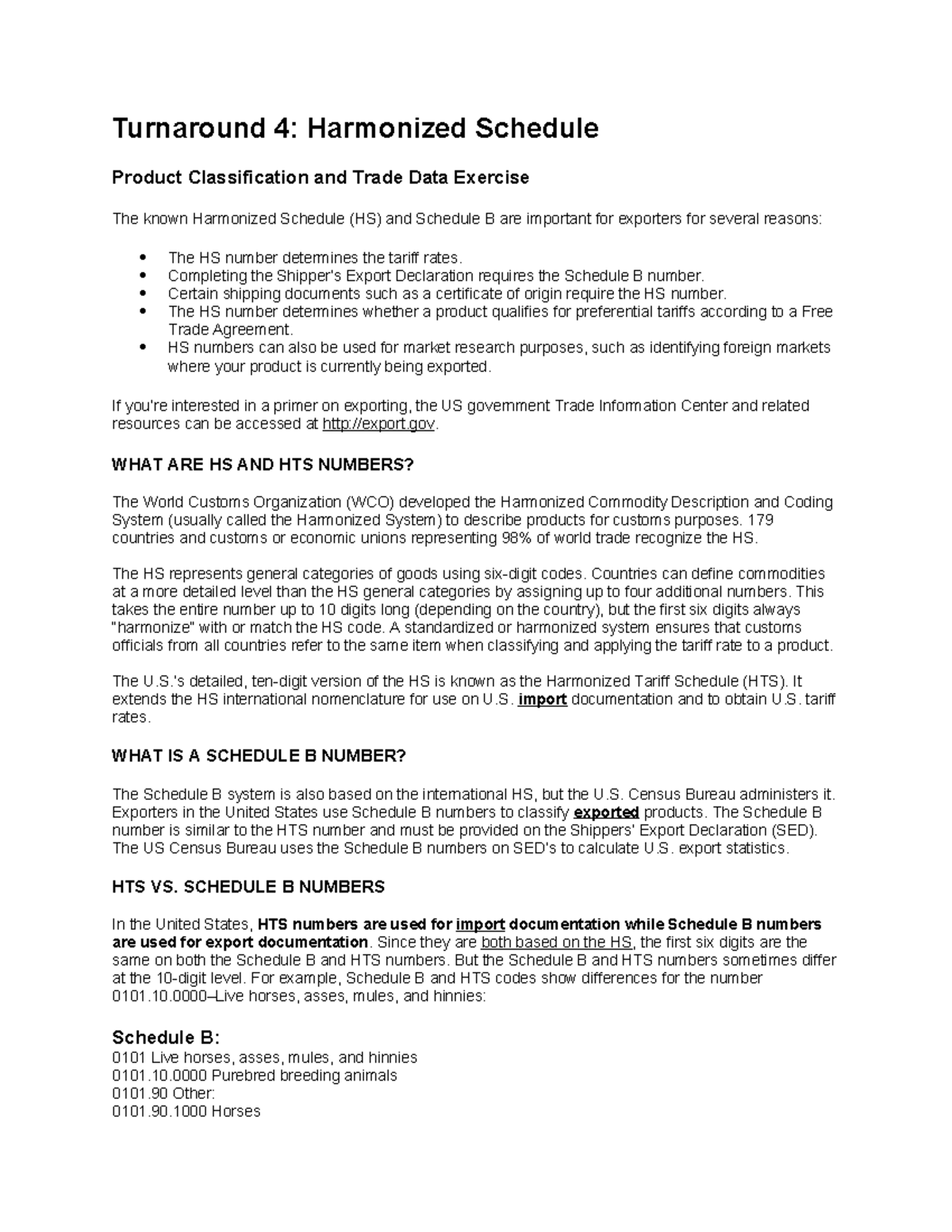 HTS Turnaround student version - Turnaround 4: Harmonized Schedule ...