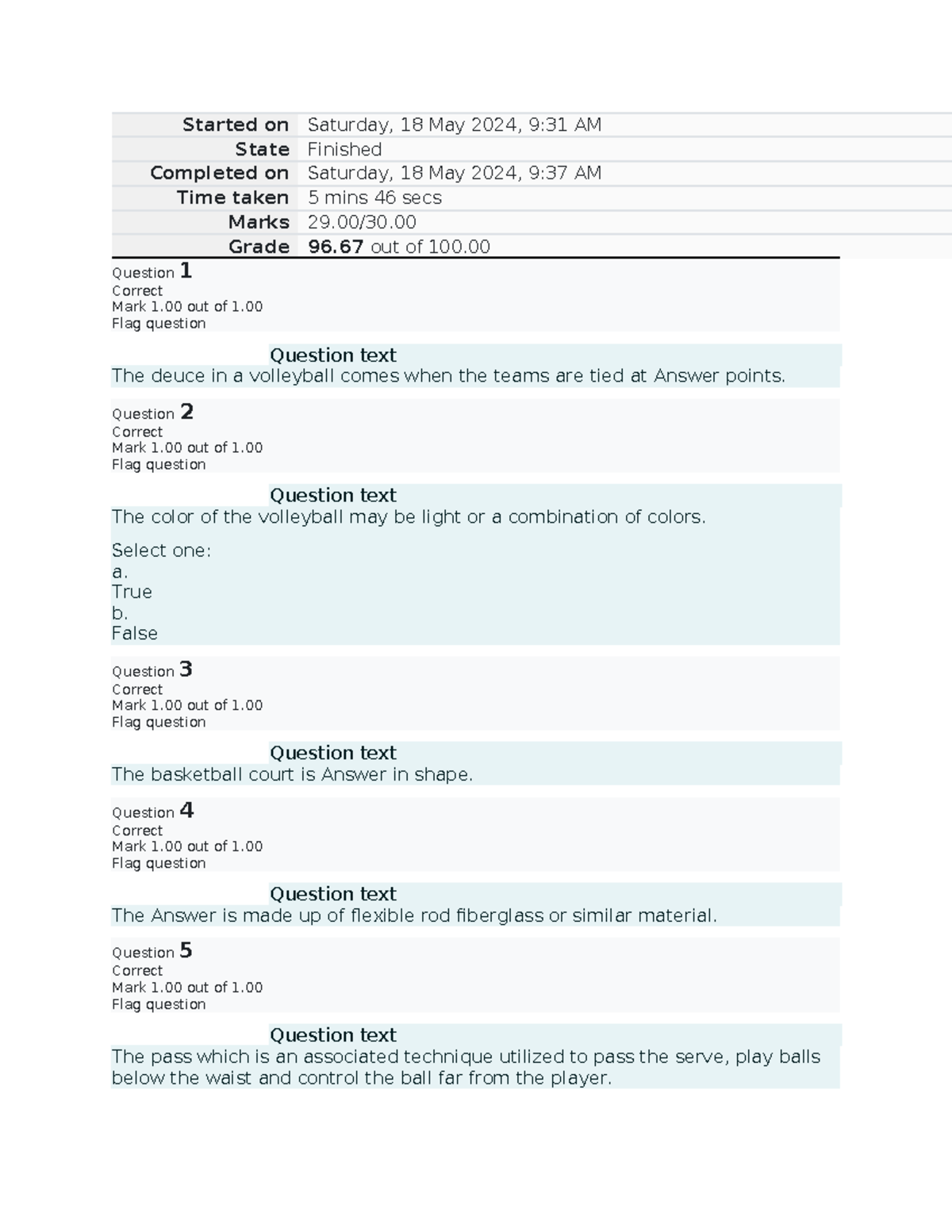 Team Sports - EXAM - Started on Saturday, 18 May 2024, 9:31 AM State ...
