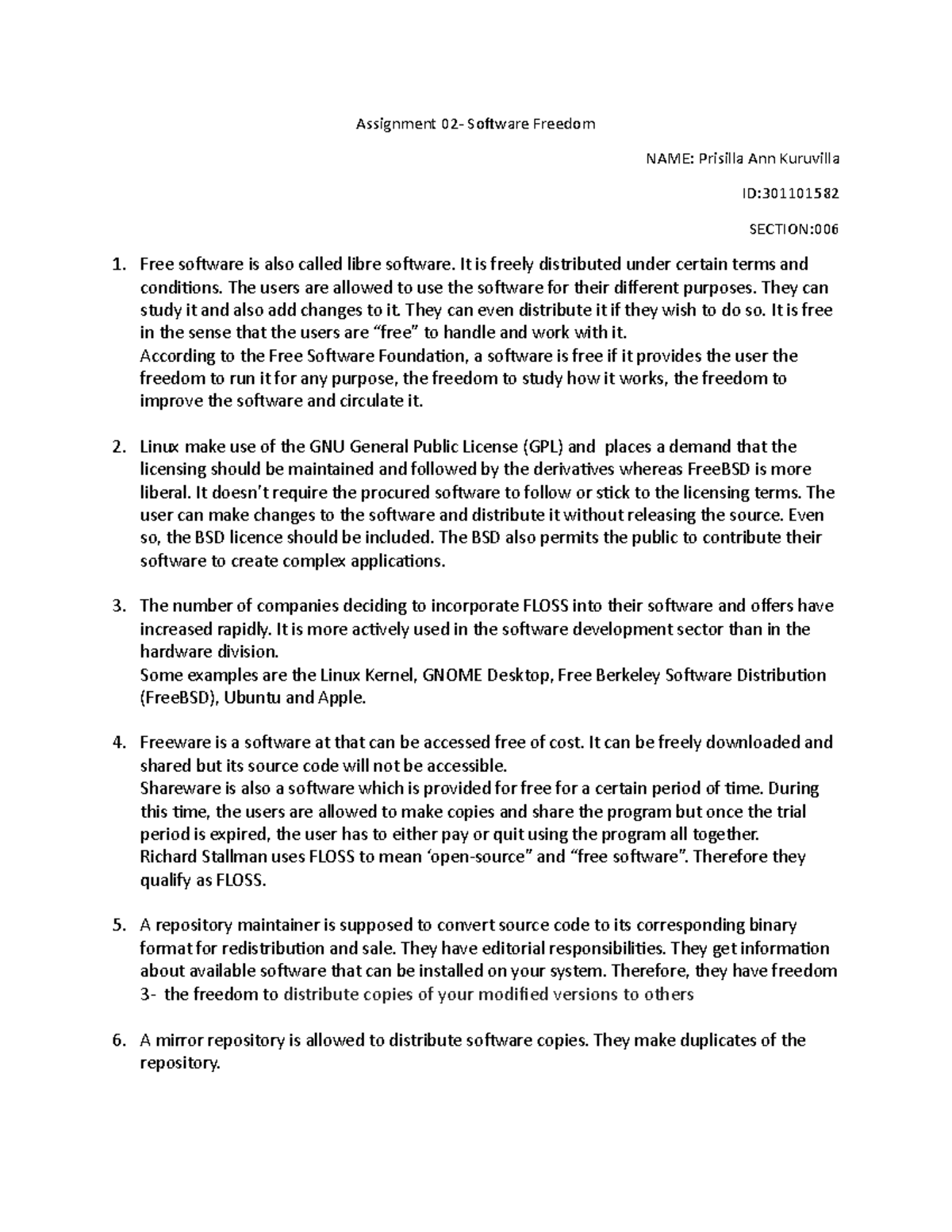 Linux Assignment 2 Lecture Notes Lecture Notes Assignment 02 Software Freedom Name Prisilla