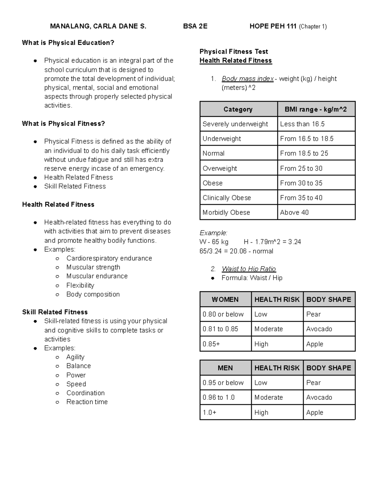 PE-Chapter-1 - Chapter 1 - MANALANG, CARLA DANE S. BSA 2E HOPE PEH 111 (Chapter 1) What is ...