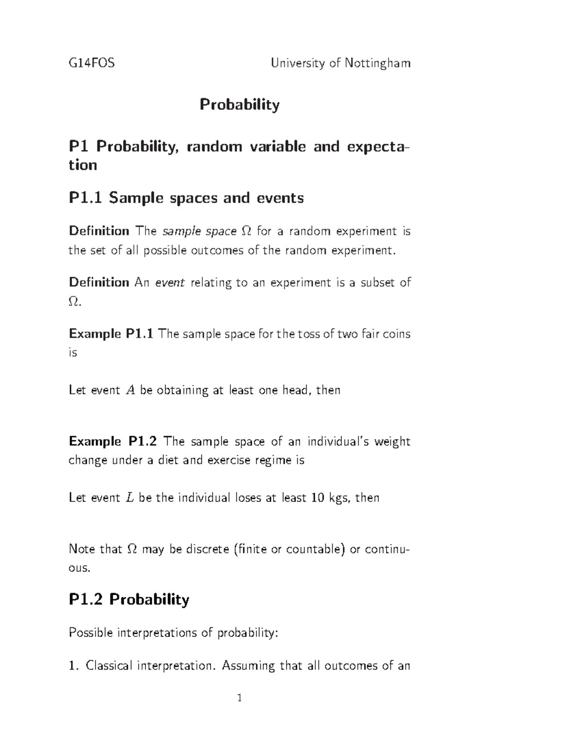 Probability Lecture - G14FOS University of Nottingham Probability P1 ...