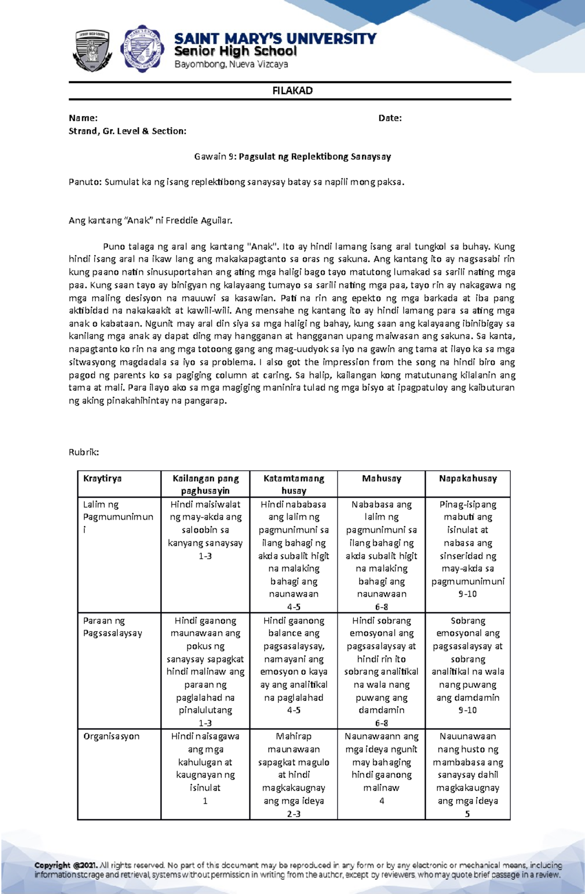 Gawain 2. Pagsulat NG Replektibong Sanaysay - FILAKAD Name: Date ...