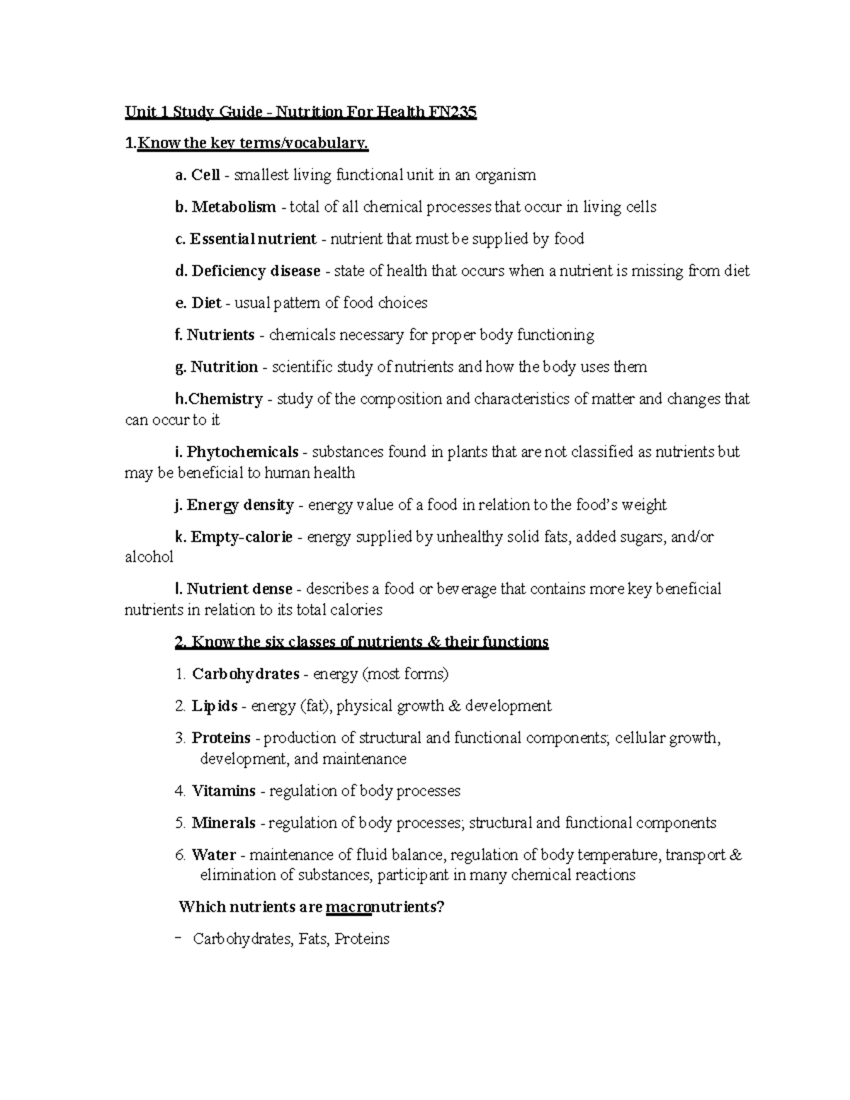 Unit 1 Study Guide - FN235 Nutrition for Health - a. Cell - smallest ...
