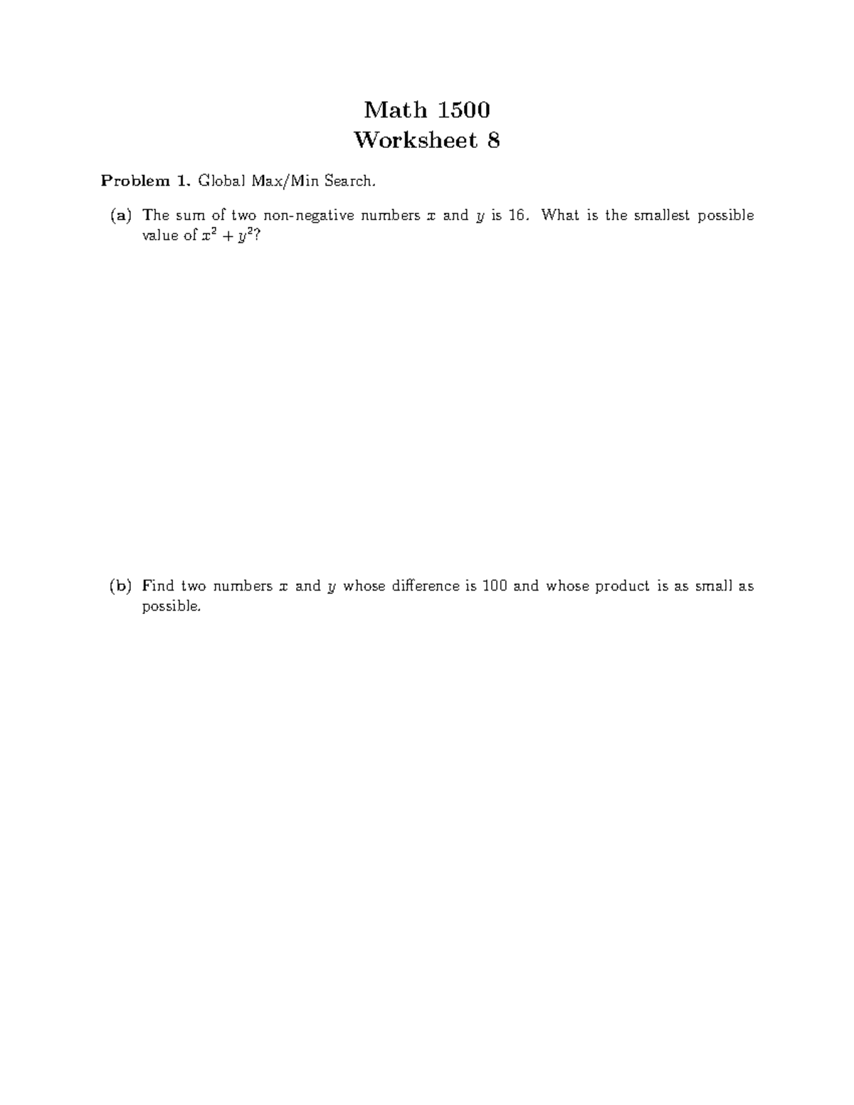 Worksheet 8 - Practical - Math 1500 Worksheet 8 Problem 1 Max/Min ...