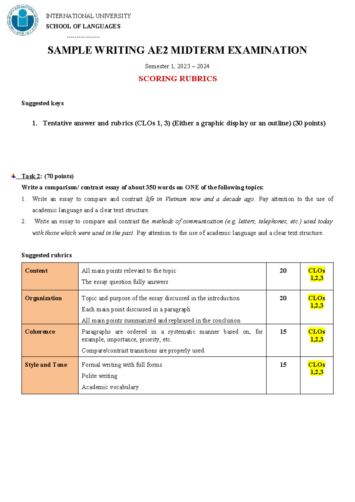 AE2 Writing Midterm Sample Test (since 2324) - Scoring rubrics ...