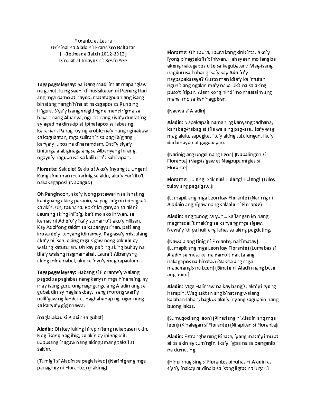 Script Florante at Laura - Florante at Laura Orihinal na Akda ni ...