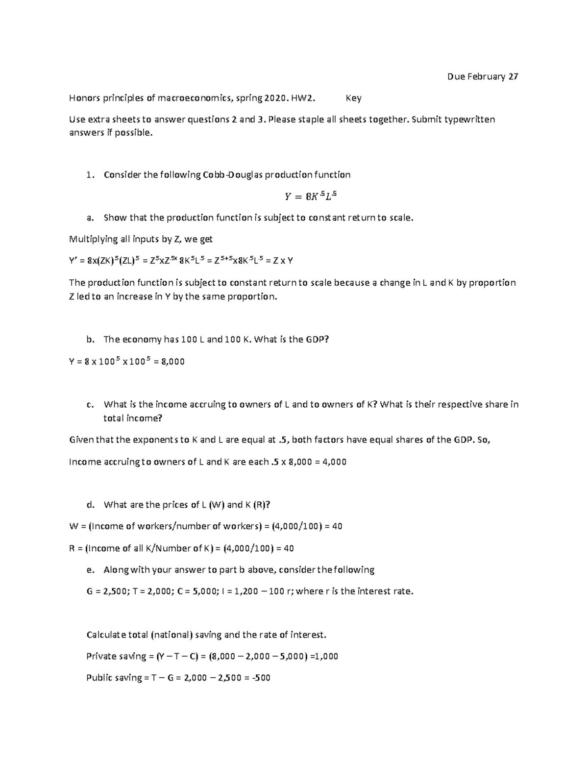 HW2 key - HW answers for Cobb-Douglas production - Warning: TT: undefined function: 32 Warning ...