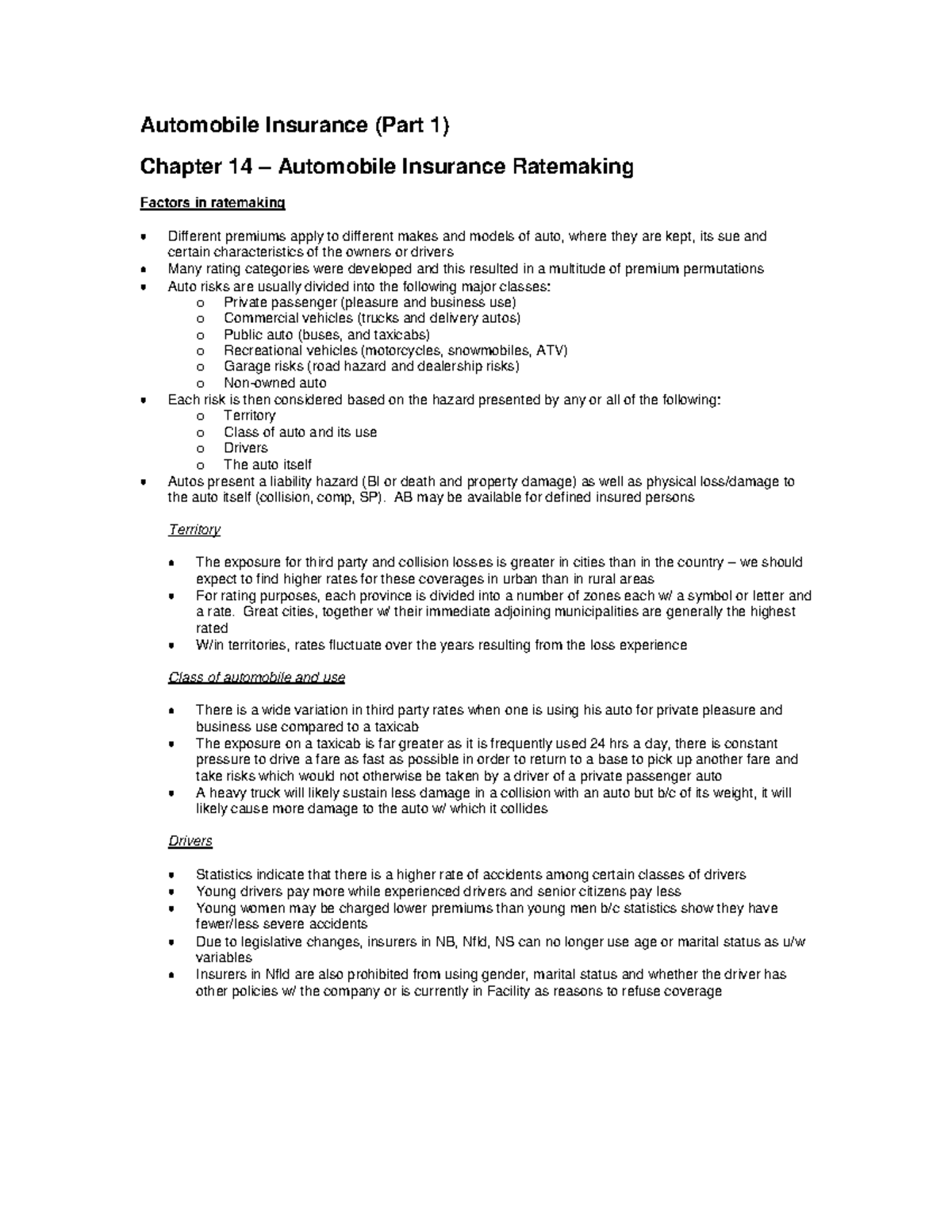Chapter 14–Automobile Insurance Ratemaking - Automobile Insurance (Part 1) Chapter 14 ...