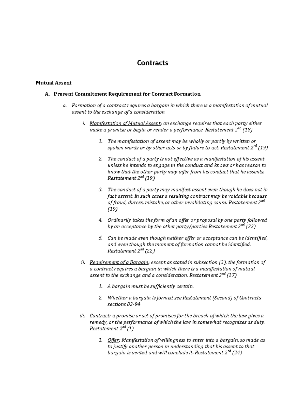 Contracts Outline - Contracts Mutual Assent A. Present Commitment ...