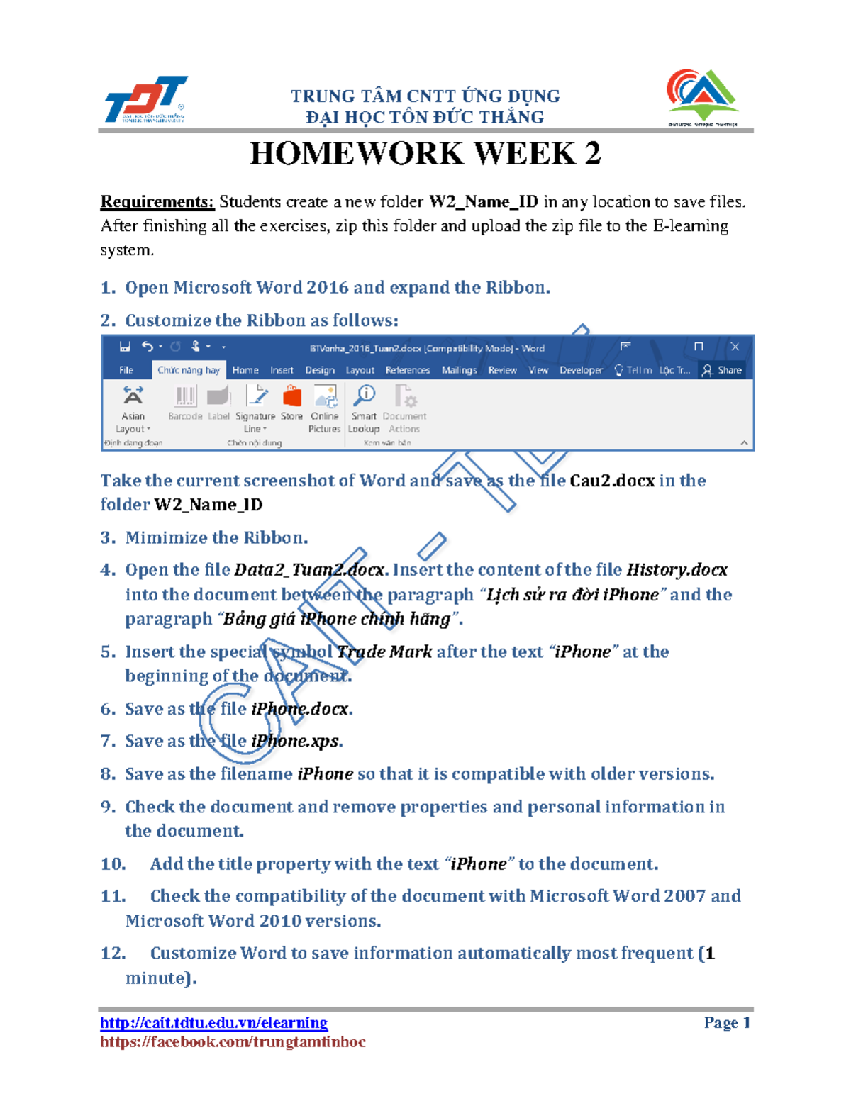 Homework Word2016 W2 - mẫu - TRUNG TÂM CNTT ỨNG DỤNG ĐẠI HỌC TÔN ĐỨC ...