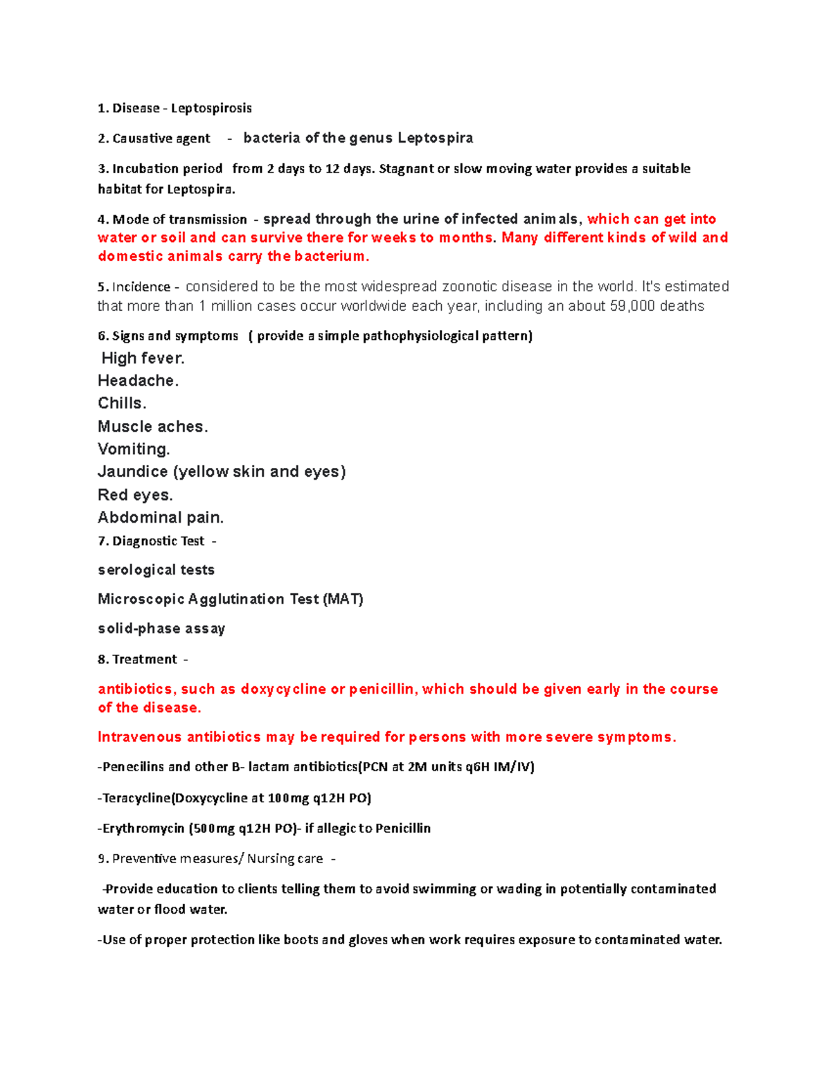 Leptospirosis - N/A - 1. Disease - Leptospirosis 2. Causative agent ...