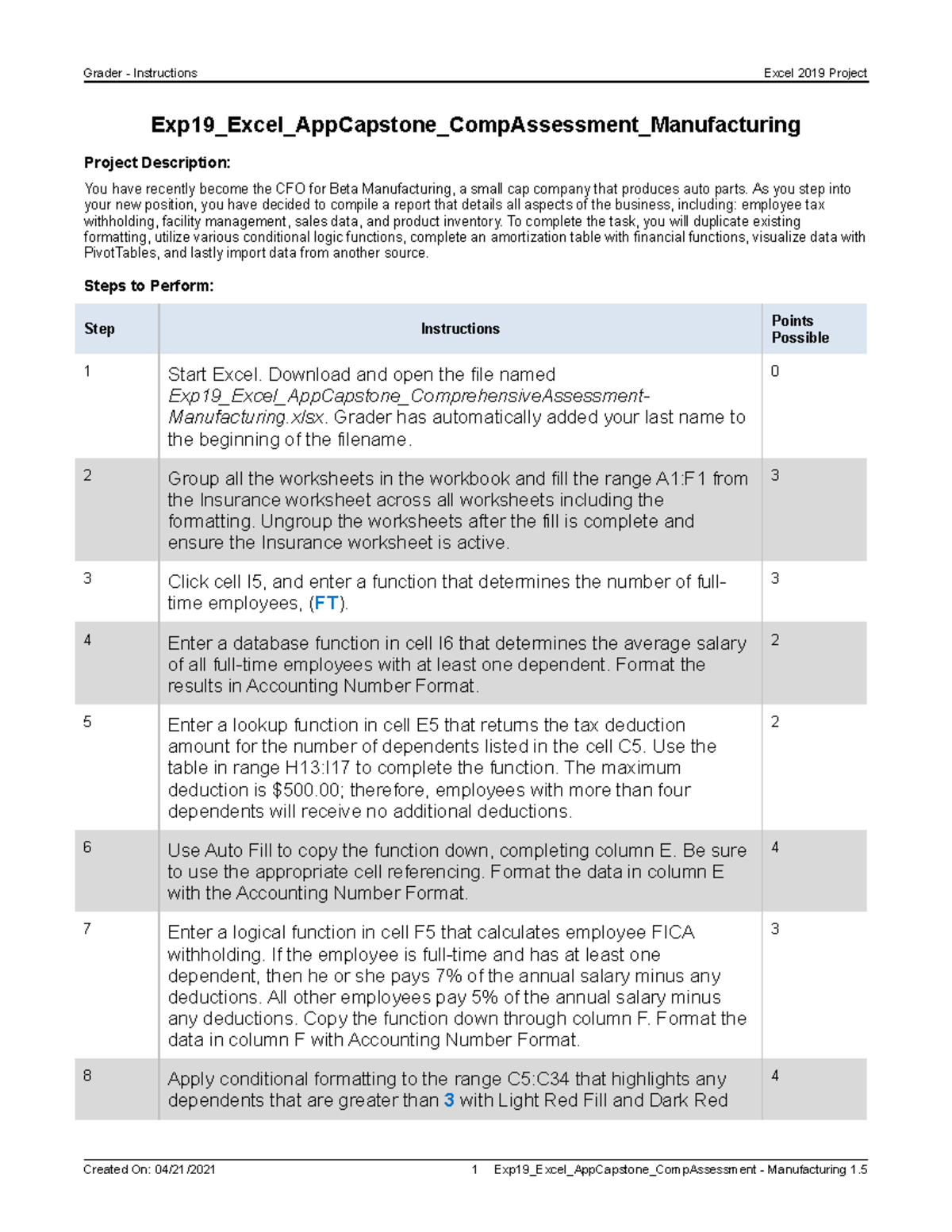 Exp19 Excel App Capstone Comp Assessment Manufacturing Instructions - - Studocu