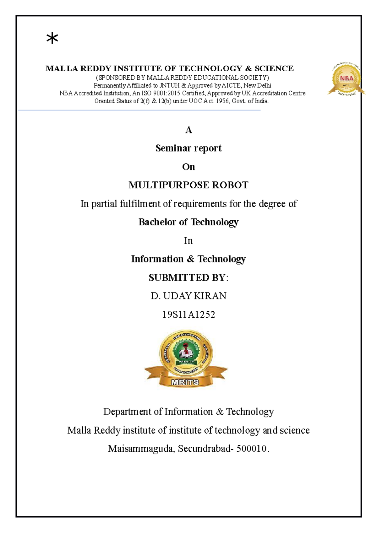 Arun seminar abstract - Good - * MALLA REDDY INSTITUTE OF TECHNOLOGY ...