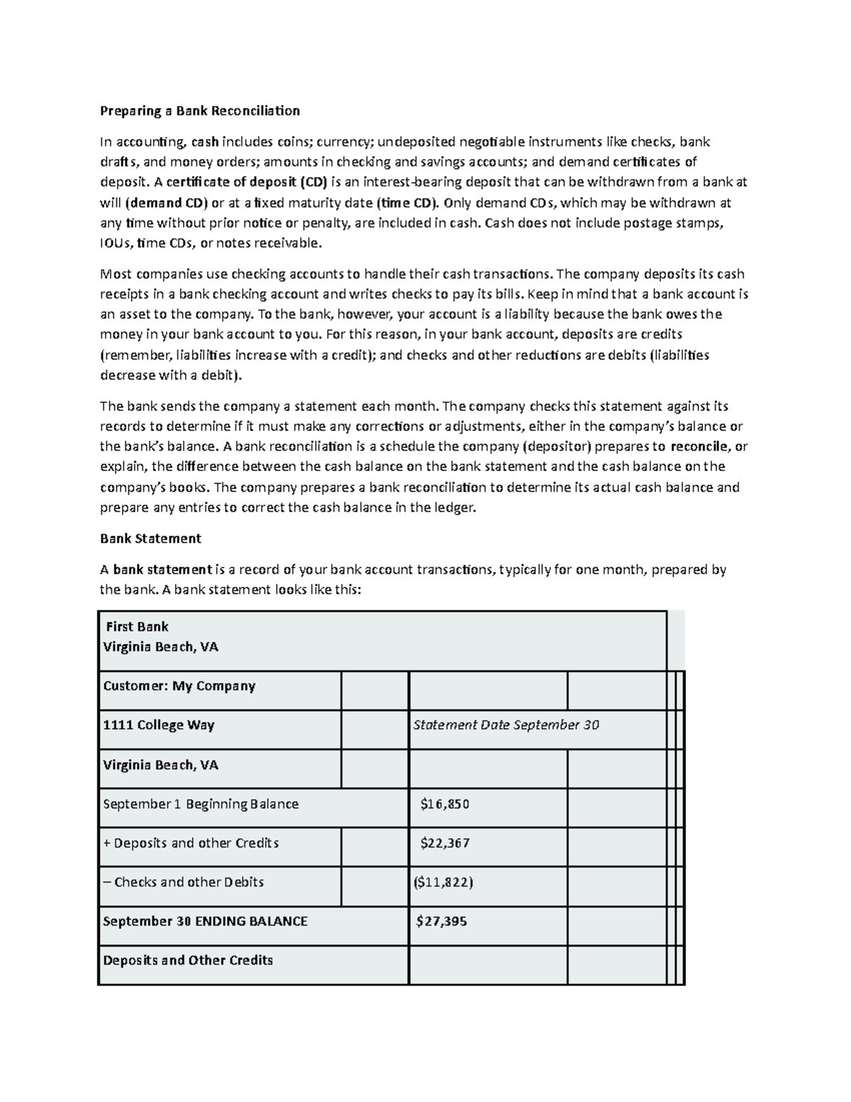 Preparing a Bank Reconciliation Notes - Preparing a Bank Reconciliation ...