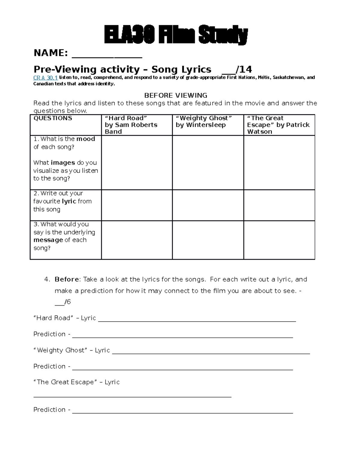 One Week Handout - Canadian Literature - NAME: _______________ Pre ...