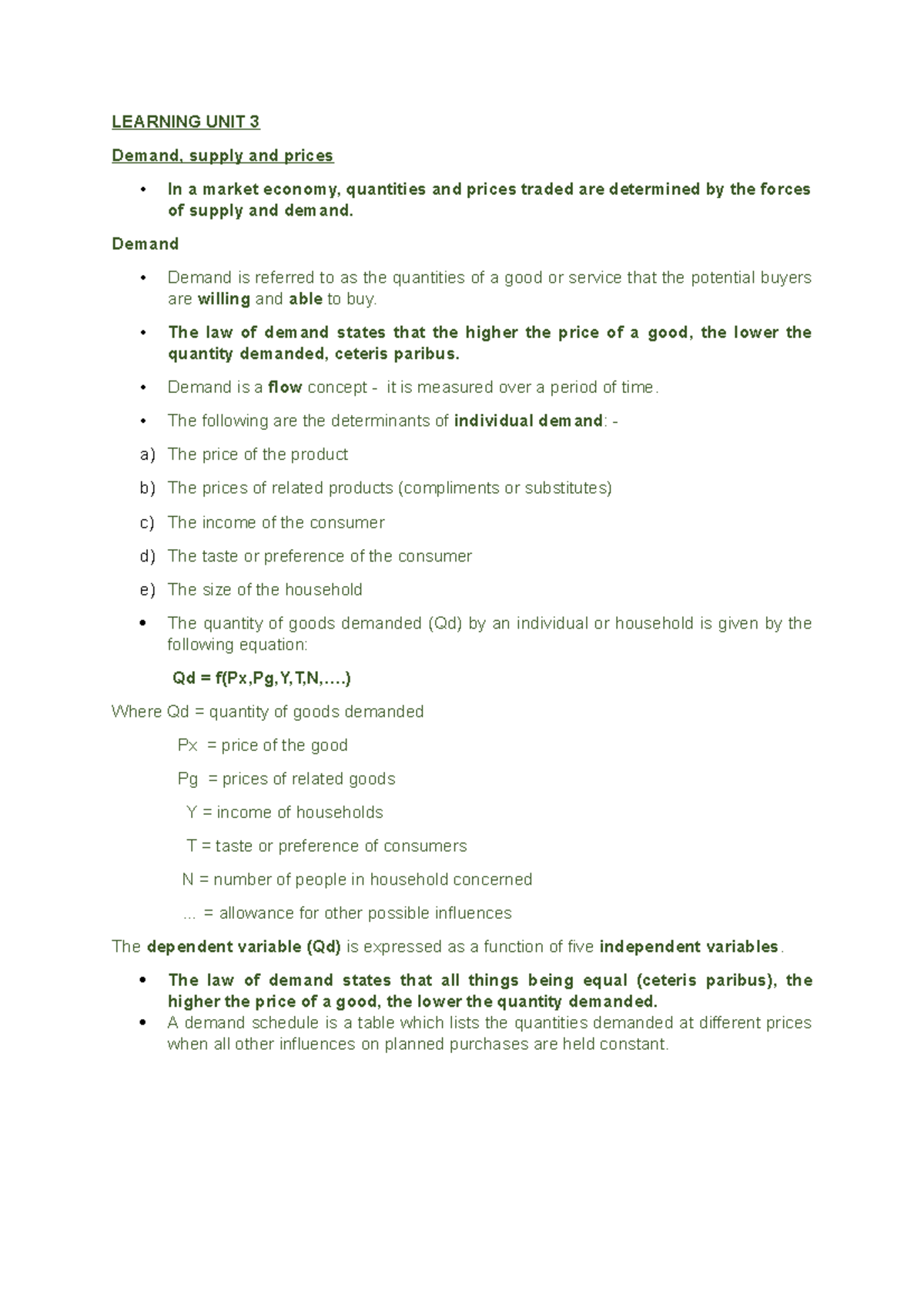 Learning UNIT 3-ECONOMICS 1A - LEARNING UNIT 3 Demand, supply and ...
